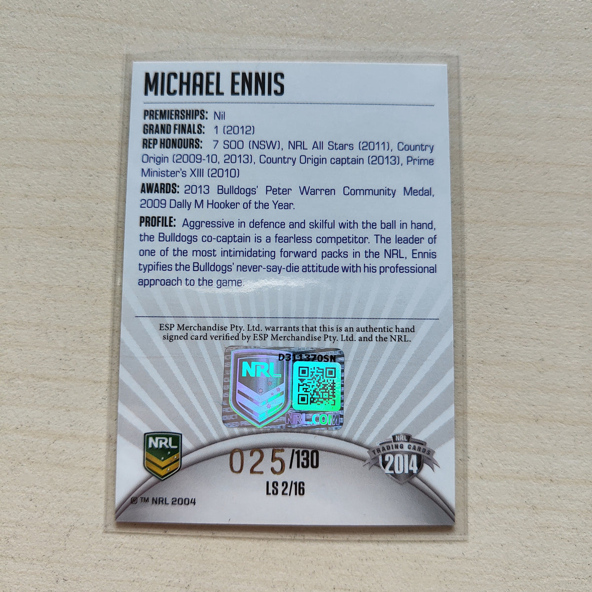2014 NRL Elite League Sensations Signature Card Michael Ennis Bulldogs – Shields Stamps & Coins