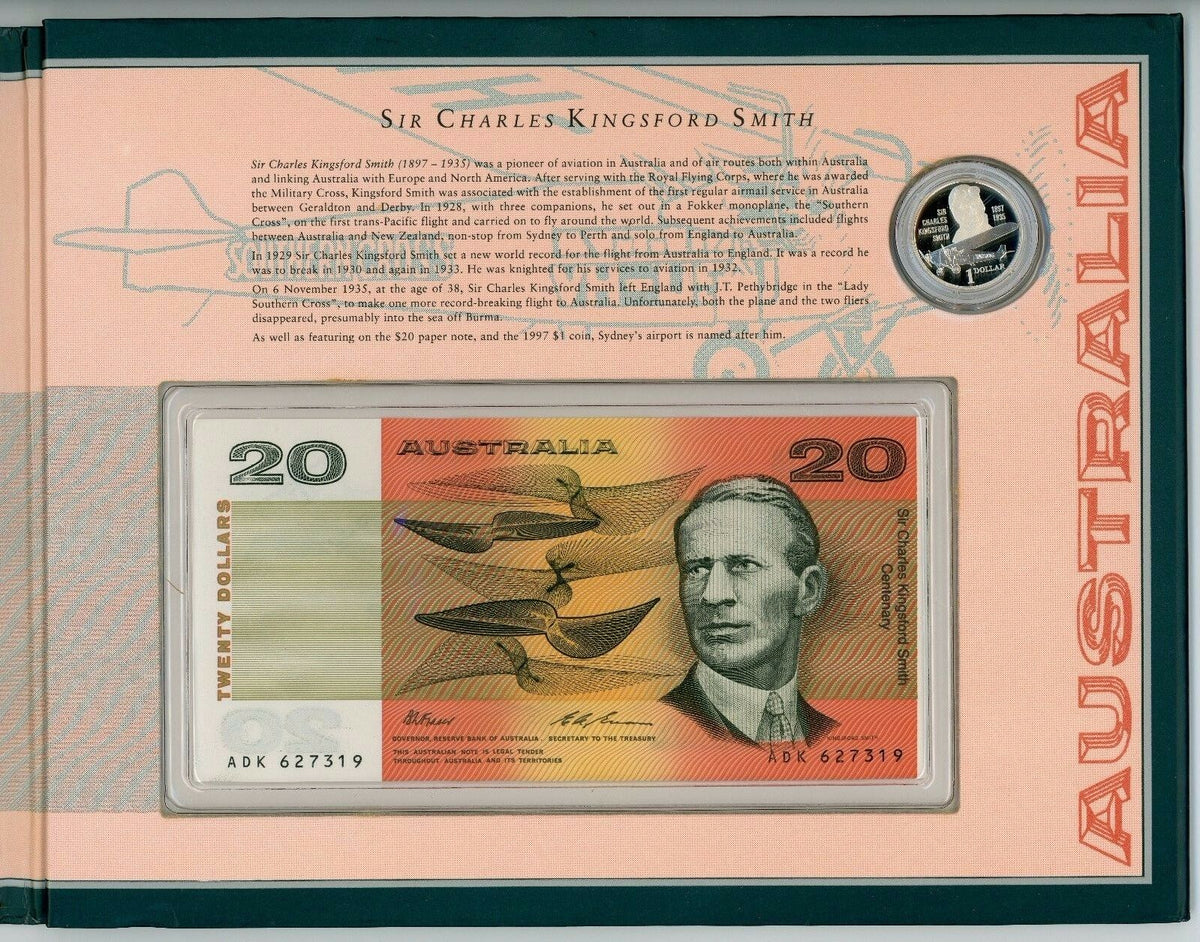 1997 SIR CHARLES KINGSFORD SMITH Silver Coin & Note Centenary Portfoli ...