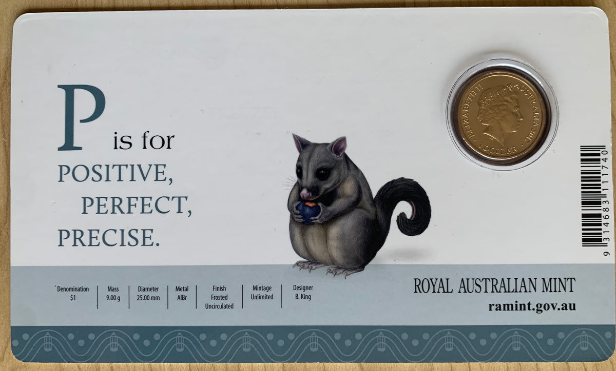 2017 Aussie Alphabet Coloured $1 coin "P" Possum – Shields Stamps & Coins