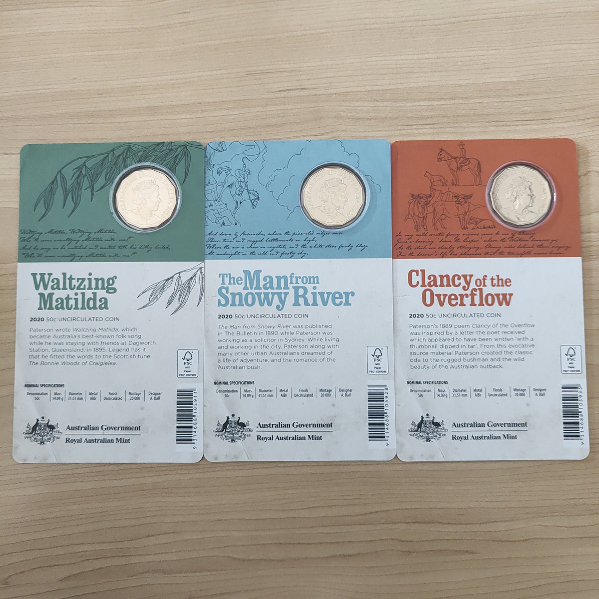 Australia 2020 Royal Australian Mint 50 Cents 50c Banjo Patterson Set ...