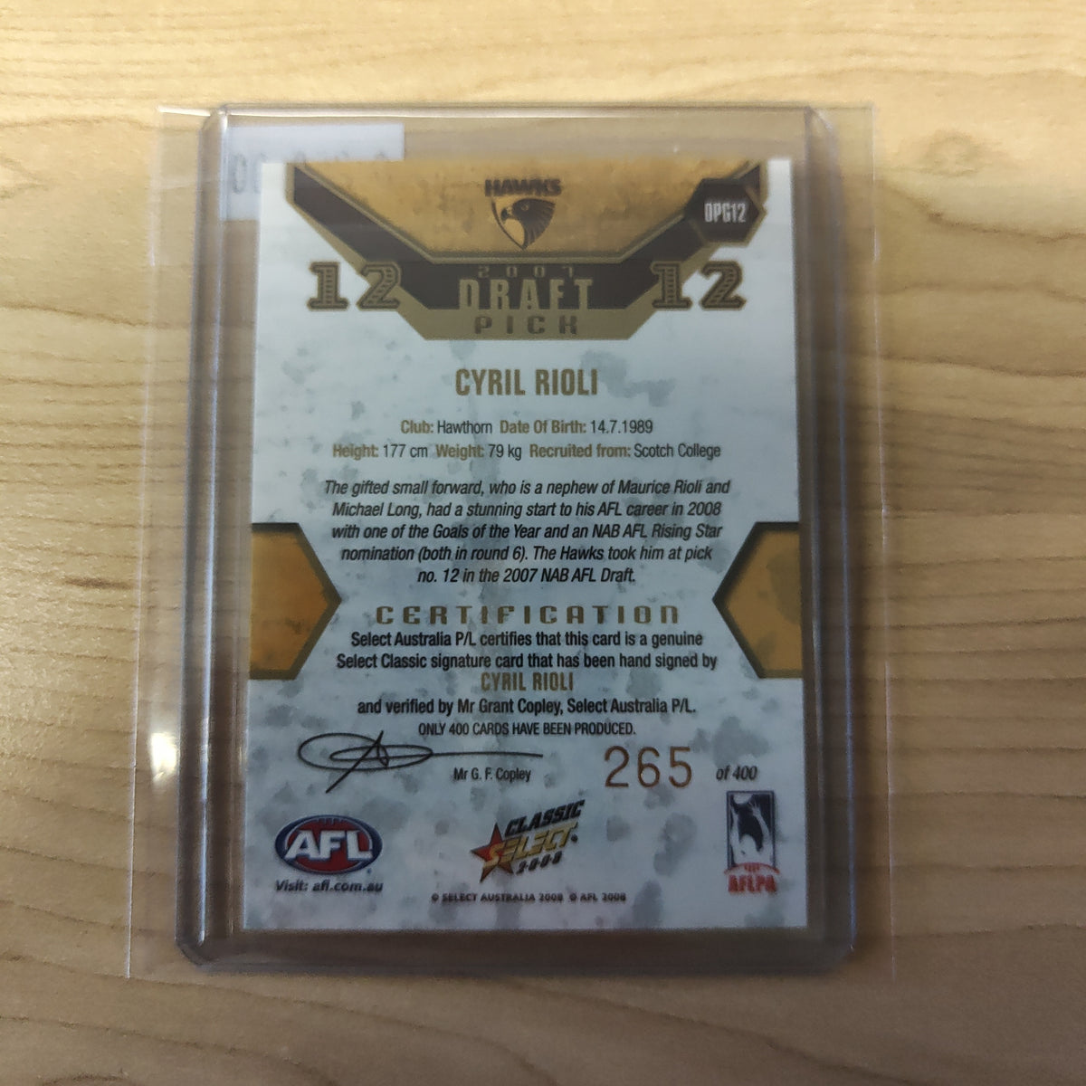 2008 Select Classic Draft Pick Gold Signature Card Cyril Rioli Hawthor ...