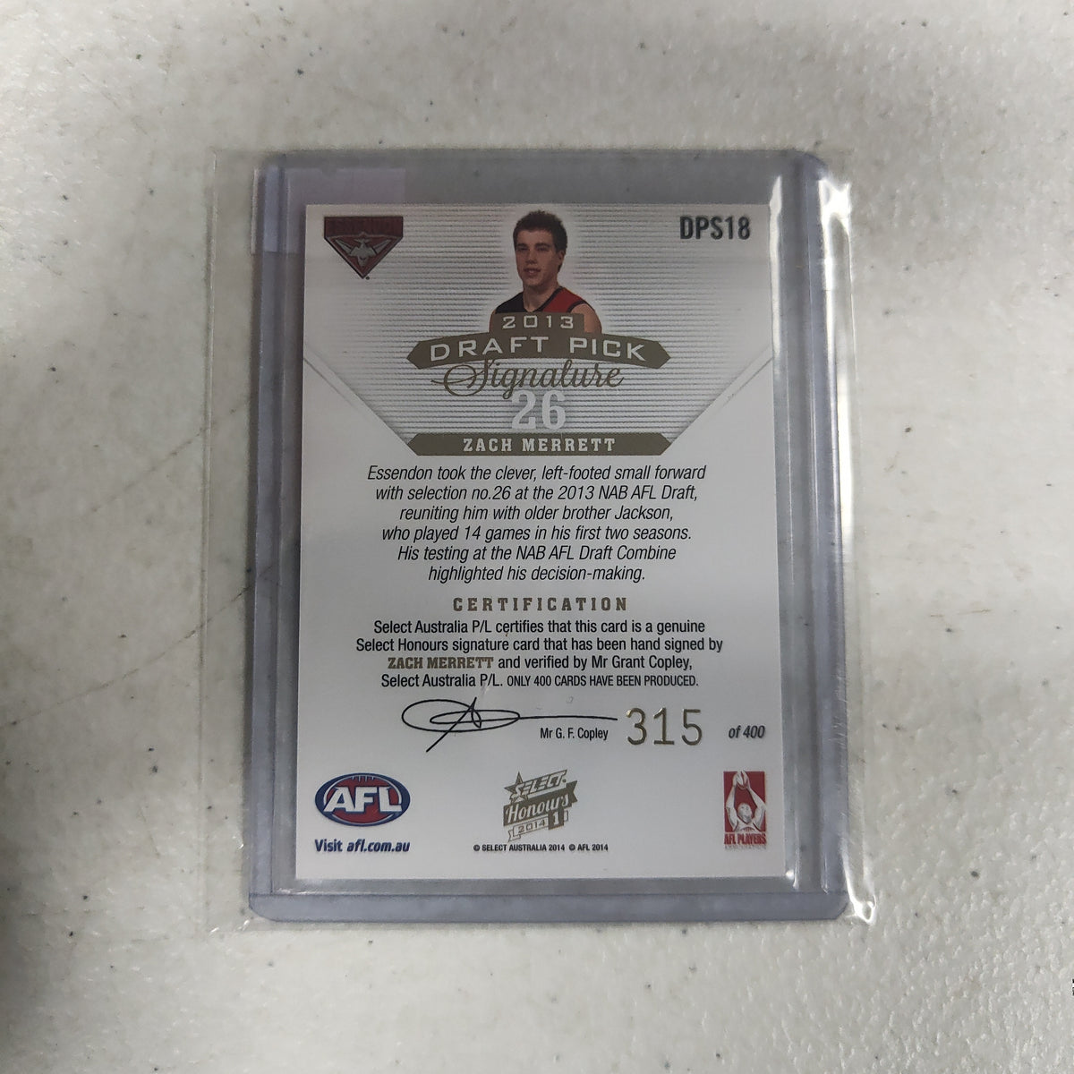 2014 AFL Select Honours 1 Draft Pick Signature Zach Merrett Essendon N ...