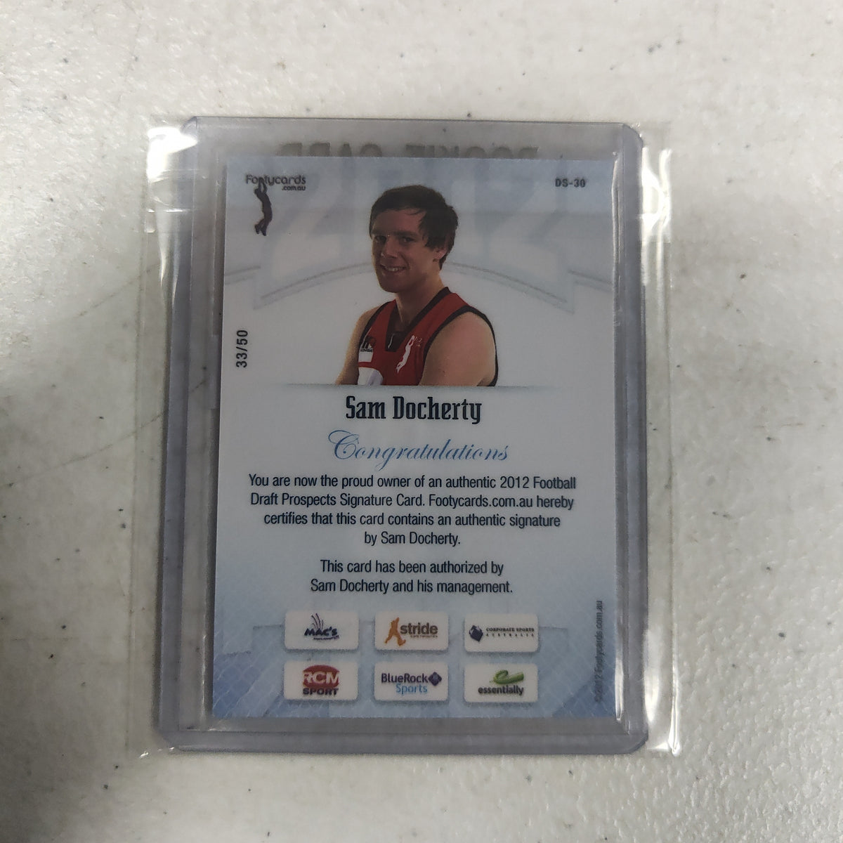 2012 AFL Footy Cards Draft Prospect Draft Pick Signature Sam Docherty ...