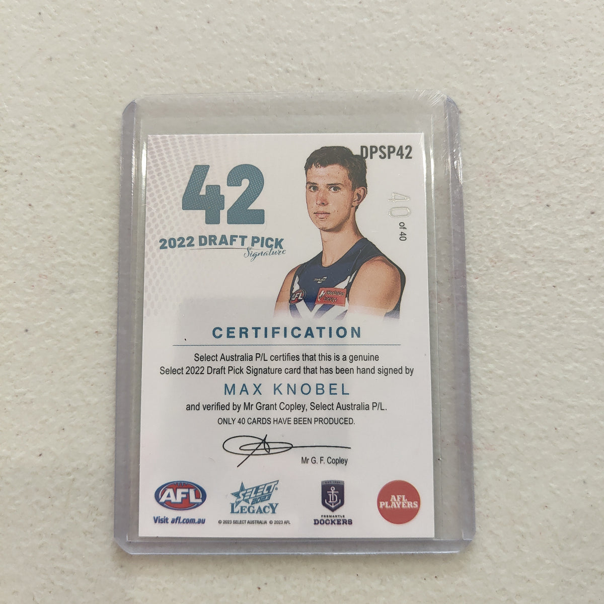2023 AFL Select Legacy Platinum Draft Pick Signature Max Knobel Freman ...