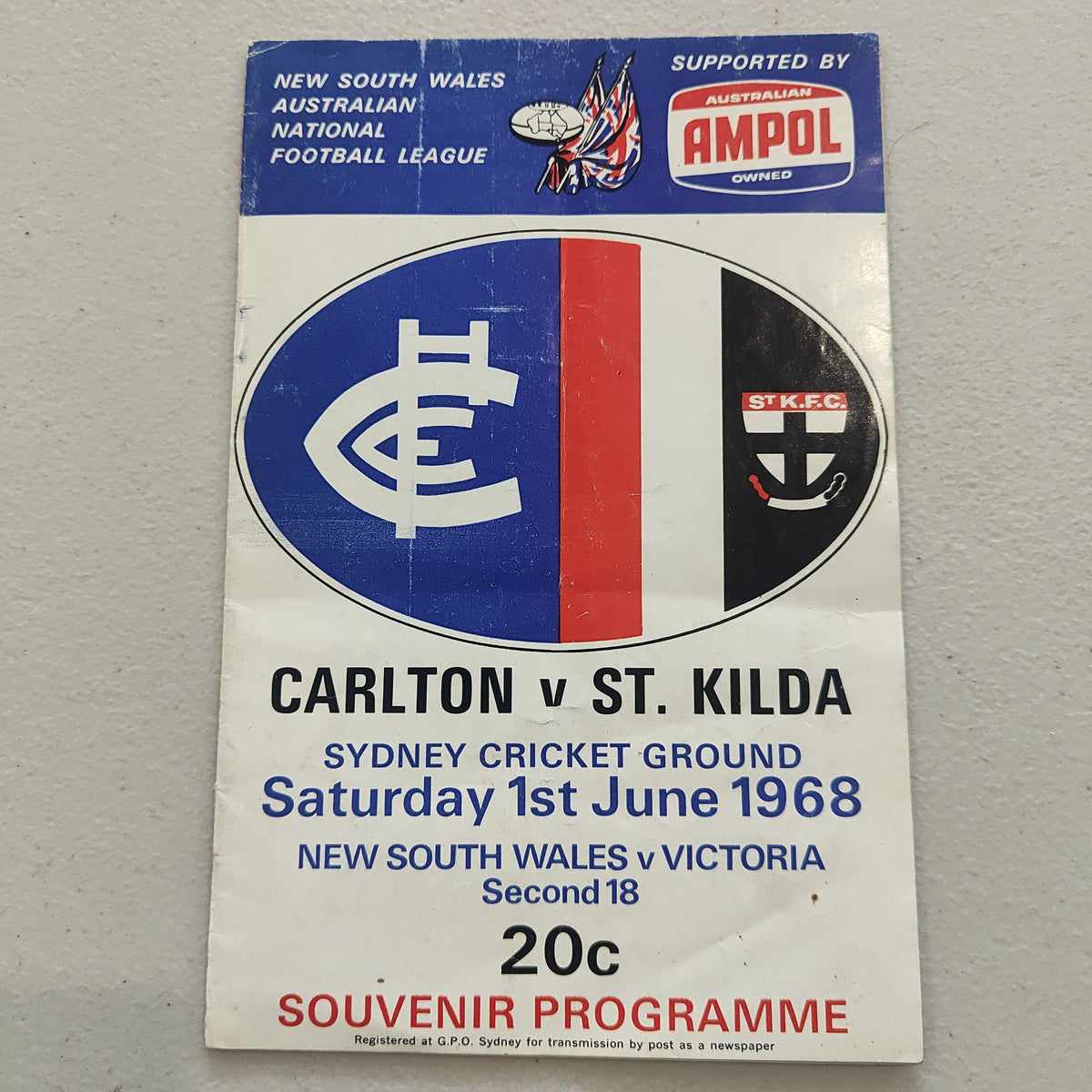 VFL 1968 1 June Ampol Football Record Carlton v St Kilda; NSW v Victor ...