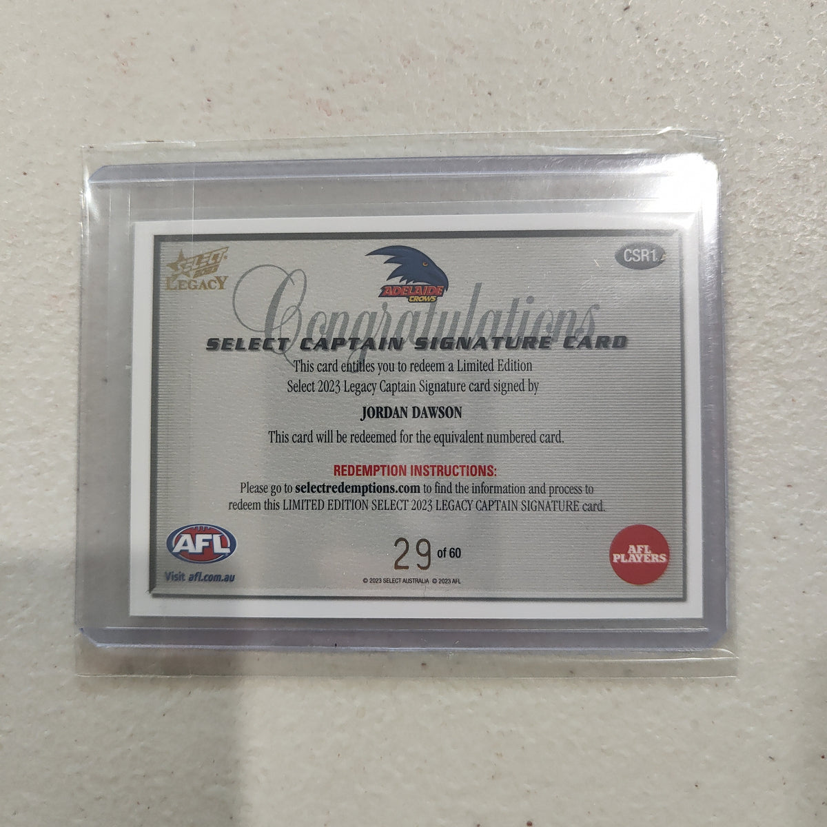 2023 AFL Select Legacy Captain Signature Jordan Dawson Redemption Card ...
