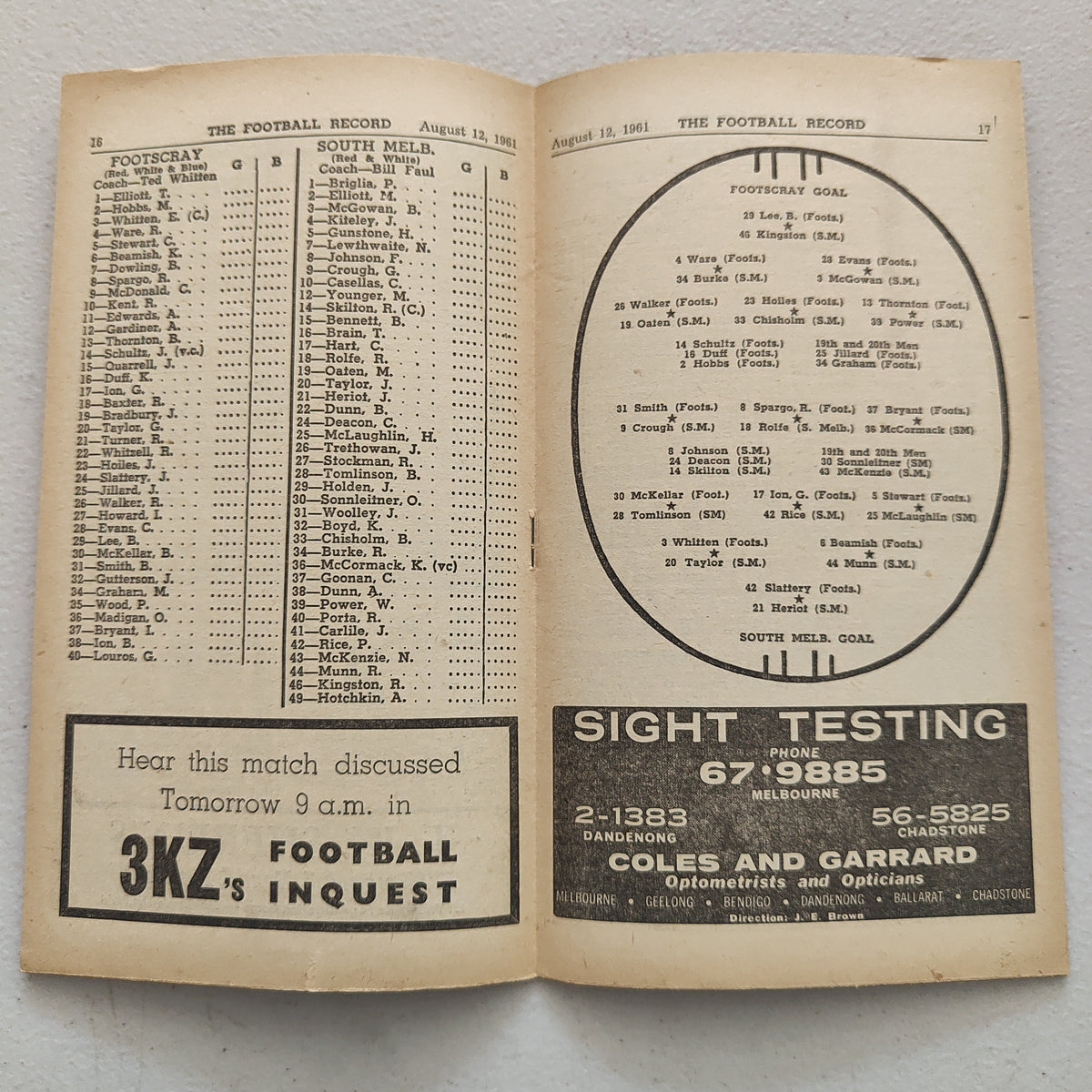 VFL 1961 August 12 Footscray v South Melbourne Football Record ...