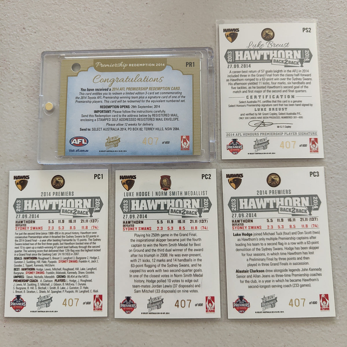 2014 Select Honours 1 Hawthorn Premiership Luke Breust Signature 4 Car ...