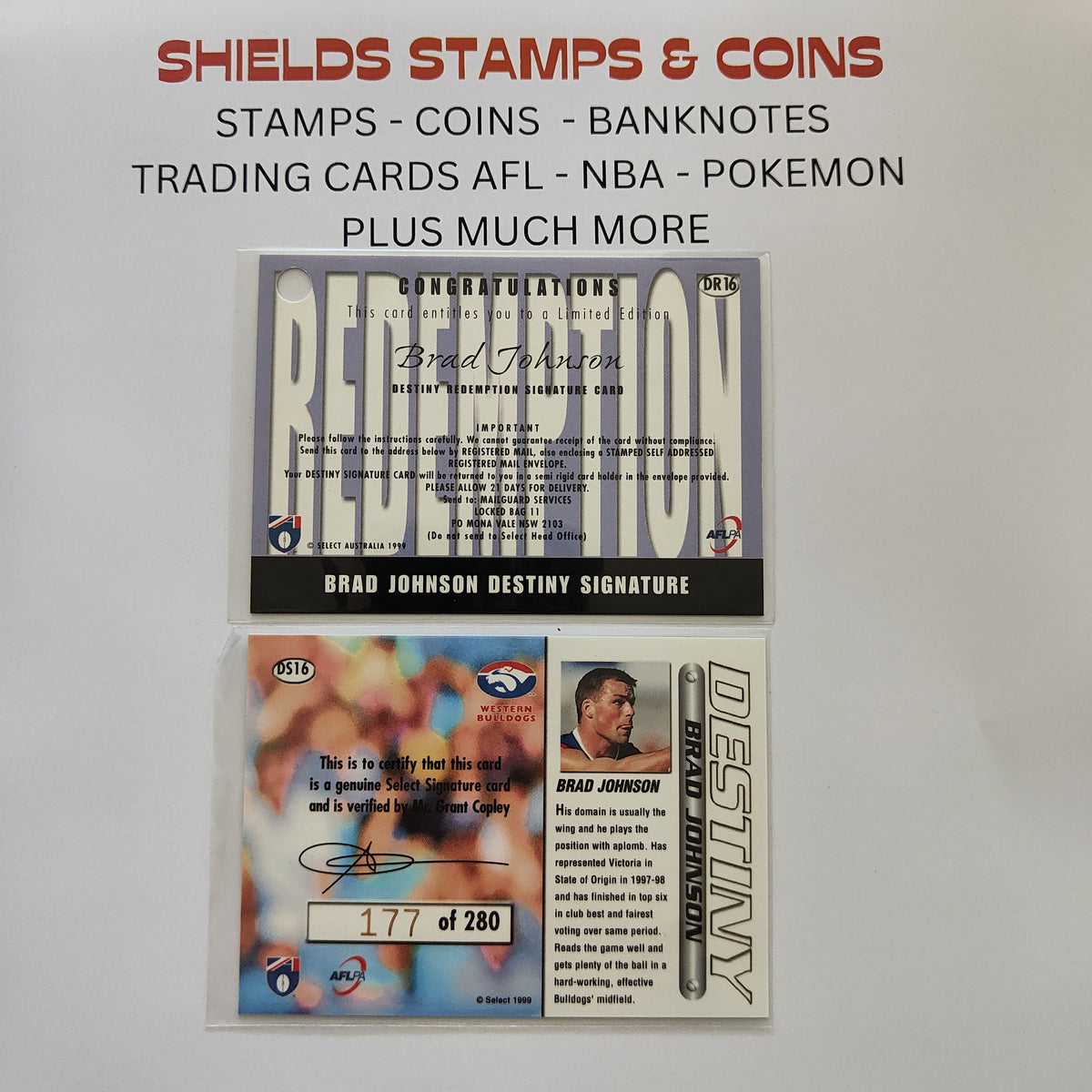 1999 Select Destiny Signature Redemption Brad Johnson Western Bulldogs ...