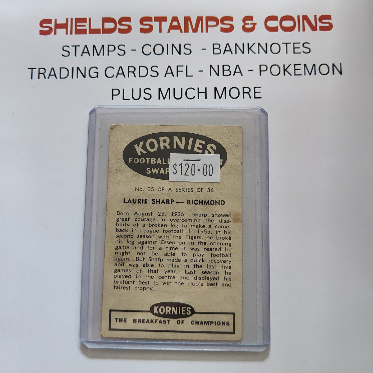 1957 Kornies Footballer Mascot Swap Card Laurie Sharp Richmond ...