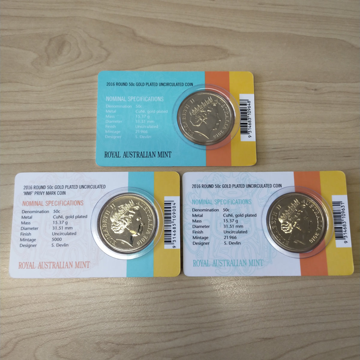 2016 RAM 50c 50th Anniversary Decimal Currency Set of 3 Gold Plated Co ...