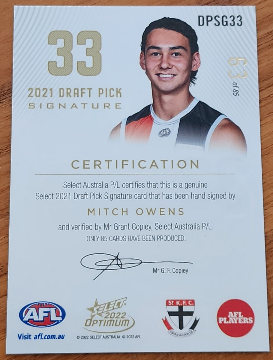 2022 AFL Select Optimum Signature Mitch Owens St Kilda 63/85 – Shields ...