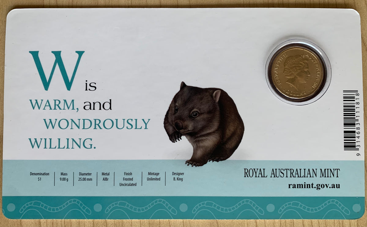 2017 Aussie Alphabet Coloured $1 coin "W" Wombat – Shields Stamps & Coins