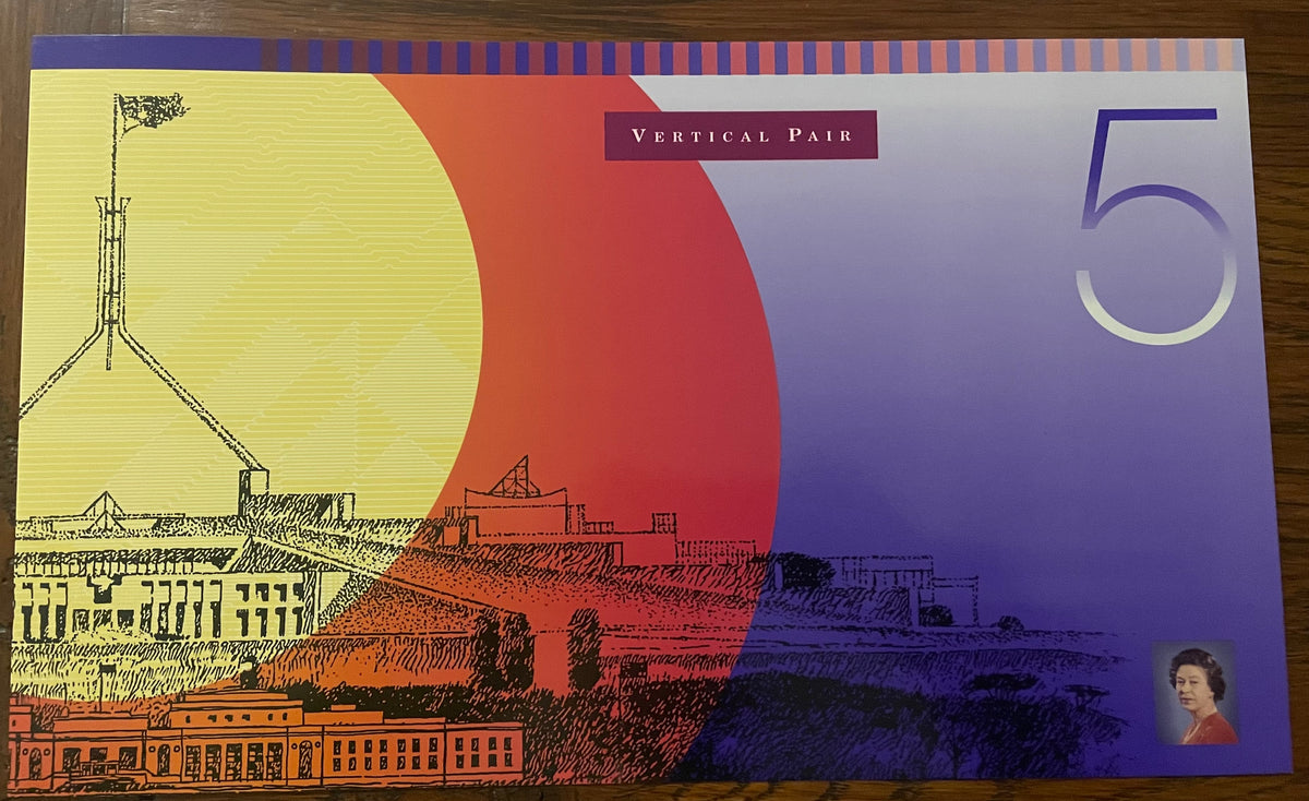 Australia 1996 $5 Polymer Fraser/Evans Uncut Pair Red serial number Ba – Shields Stamps & Coins