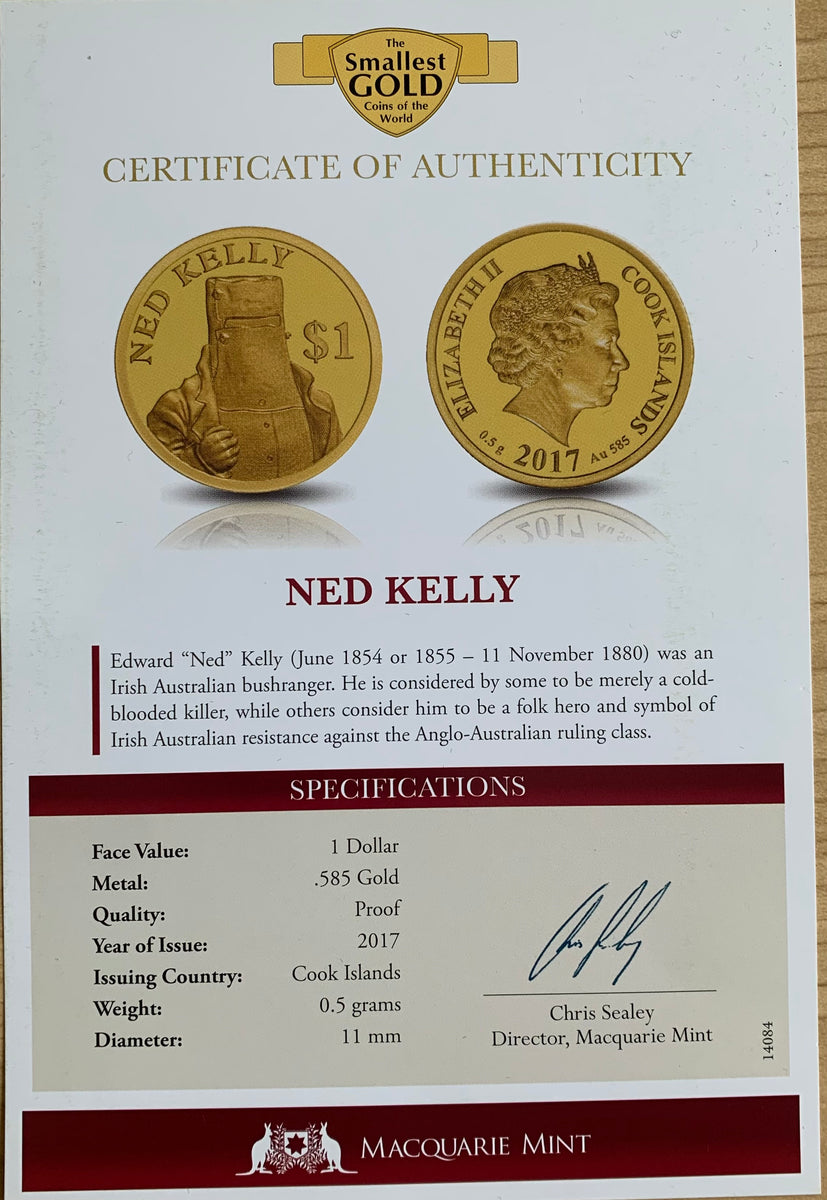 Cook Islands 2017 Macquarie Mint $1 Ned Kelly .5 grams of .585 Gold Co ...