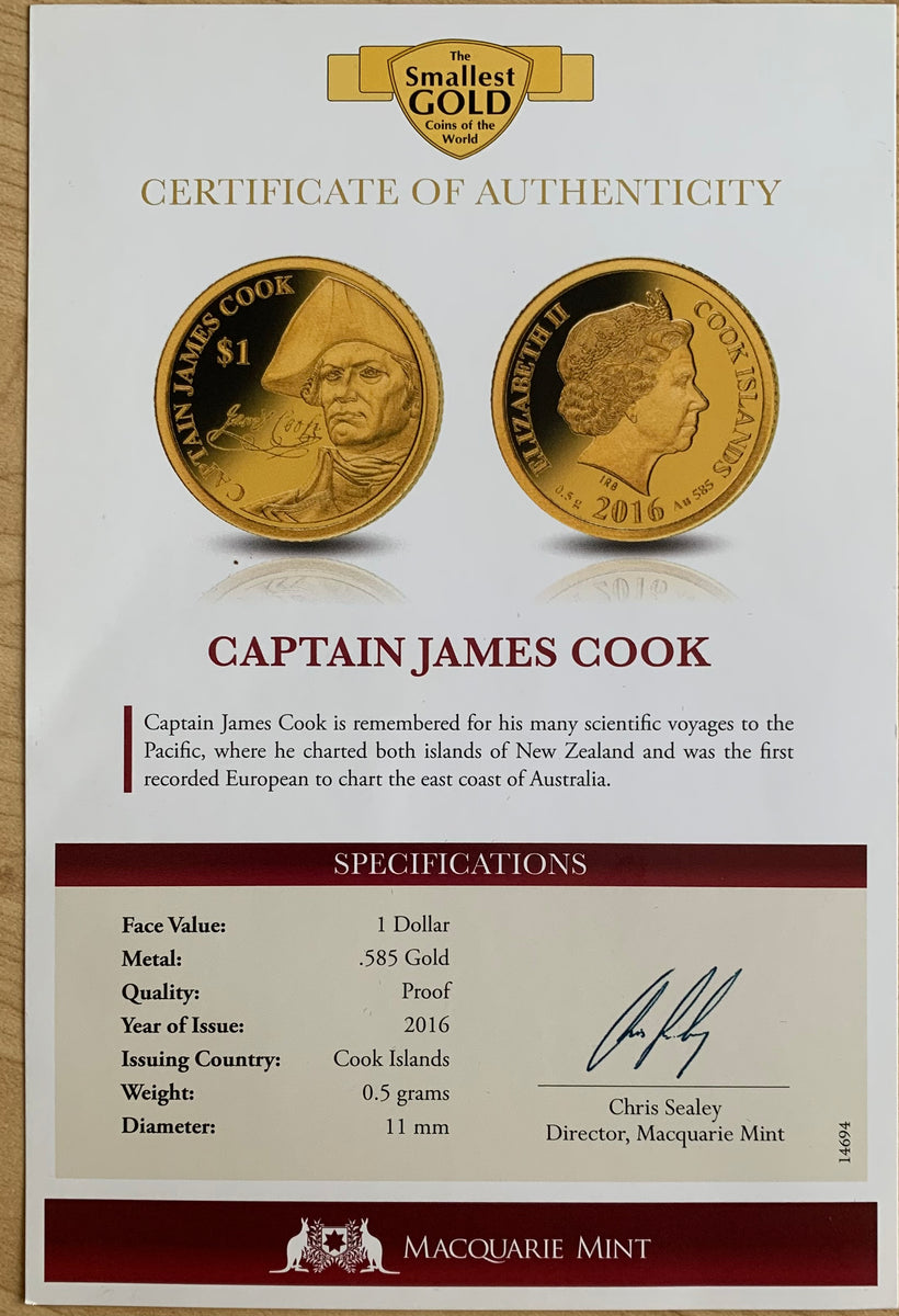 Cook Islands 2016 Macquarie Mint $1 Captain James Cook .5 grams of .58 ...