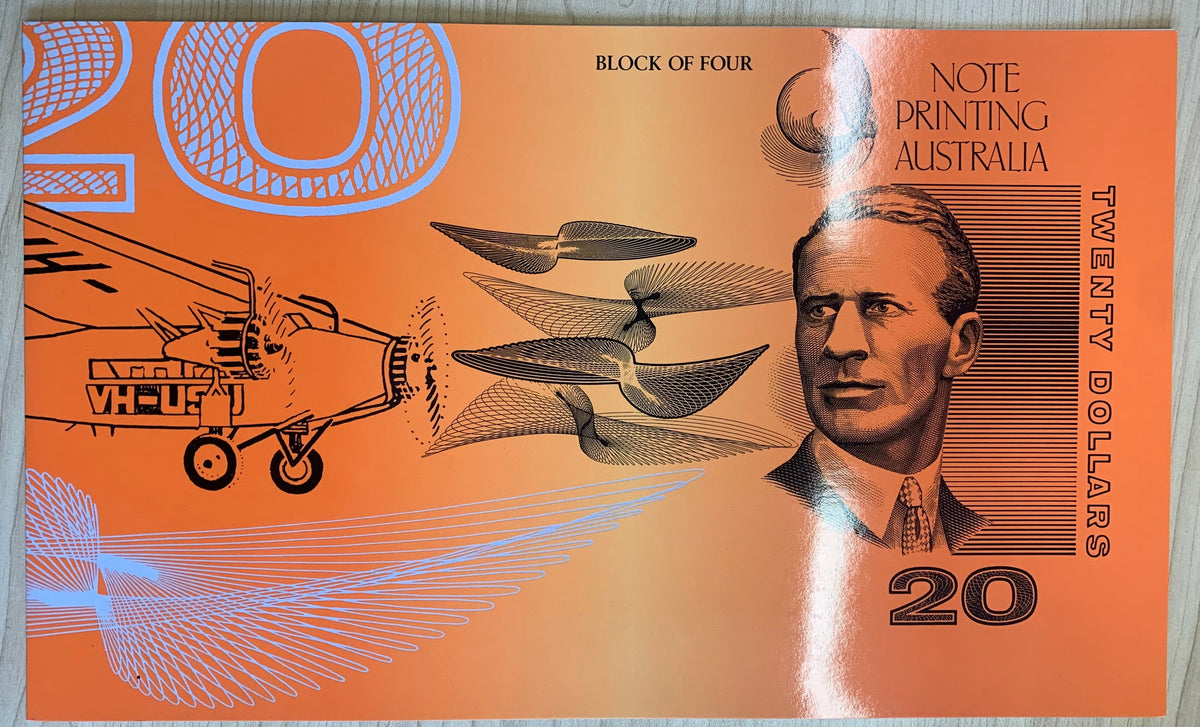 1993 $20 Paper Uncut Block of 4 Banknotes Red Serial Number In Folder ...