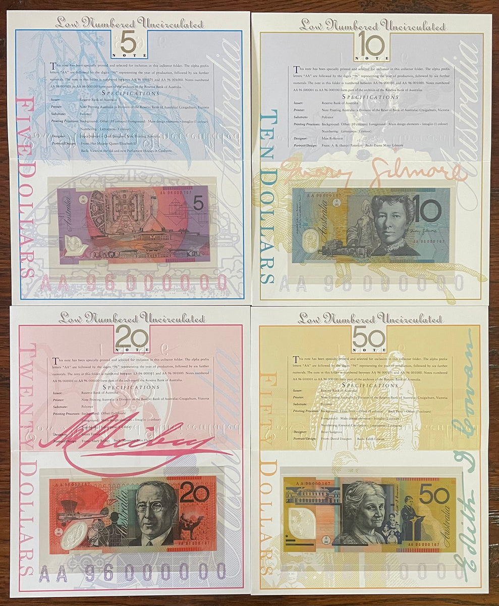 1996 Australia Premium Banknote Folders Set of 4 matching Red Serial N ...