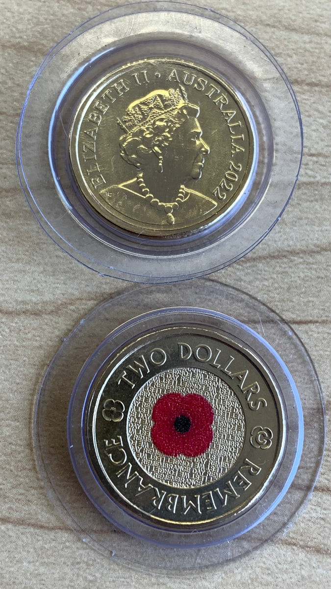 Australia 2022 $2 Remembrance Day Red Poppy 'C' Mintmark Coloured Unci ...