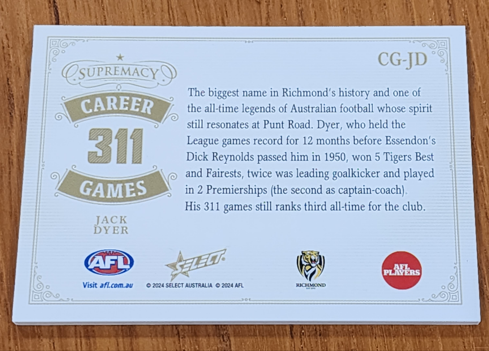 2024 AFL Select Supremacy Career Games 311 Jack Dyer Richmond 38/55 ...
