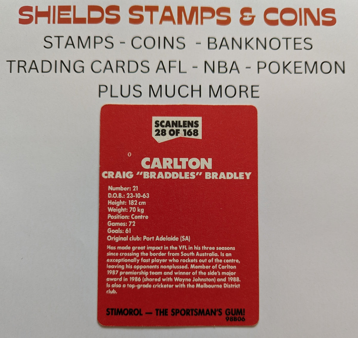 Scanlens Stimorol Card Craig Bradley Carlton Football Club Hand Signed ...