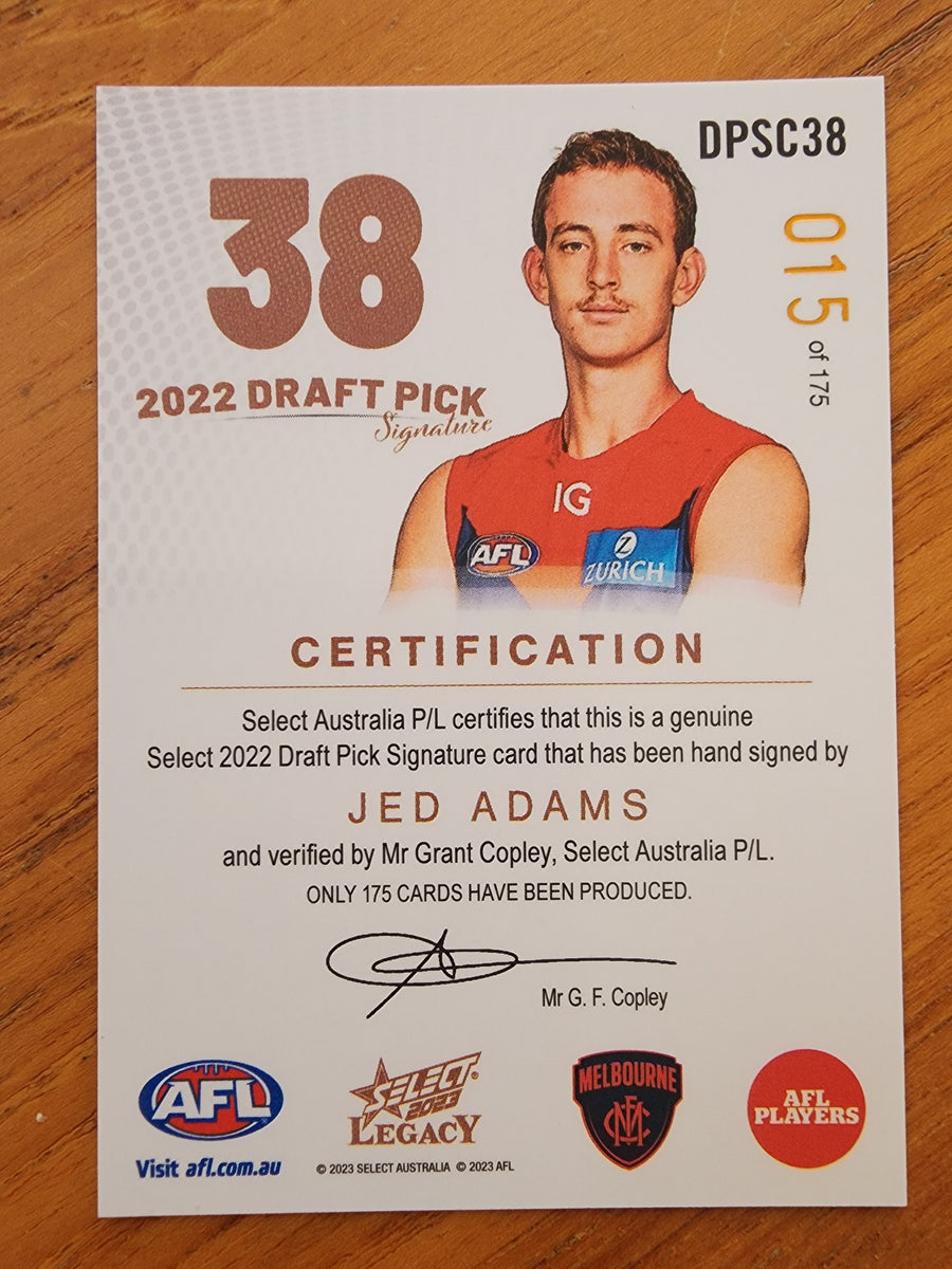 2023 AFL Select Legacy 2022 Draft Pick Signature Jed Adams Melbourne D ...