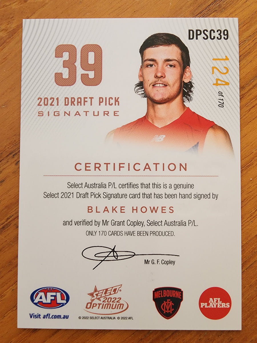 2022 AFL Select Optimum Draft Pick Signature Blake Howes Melbourne ...