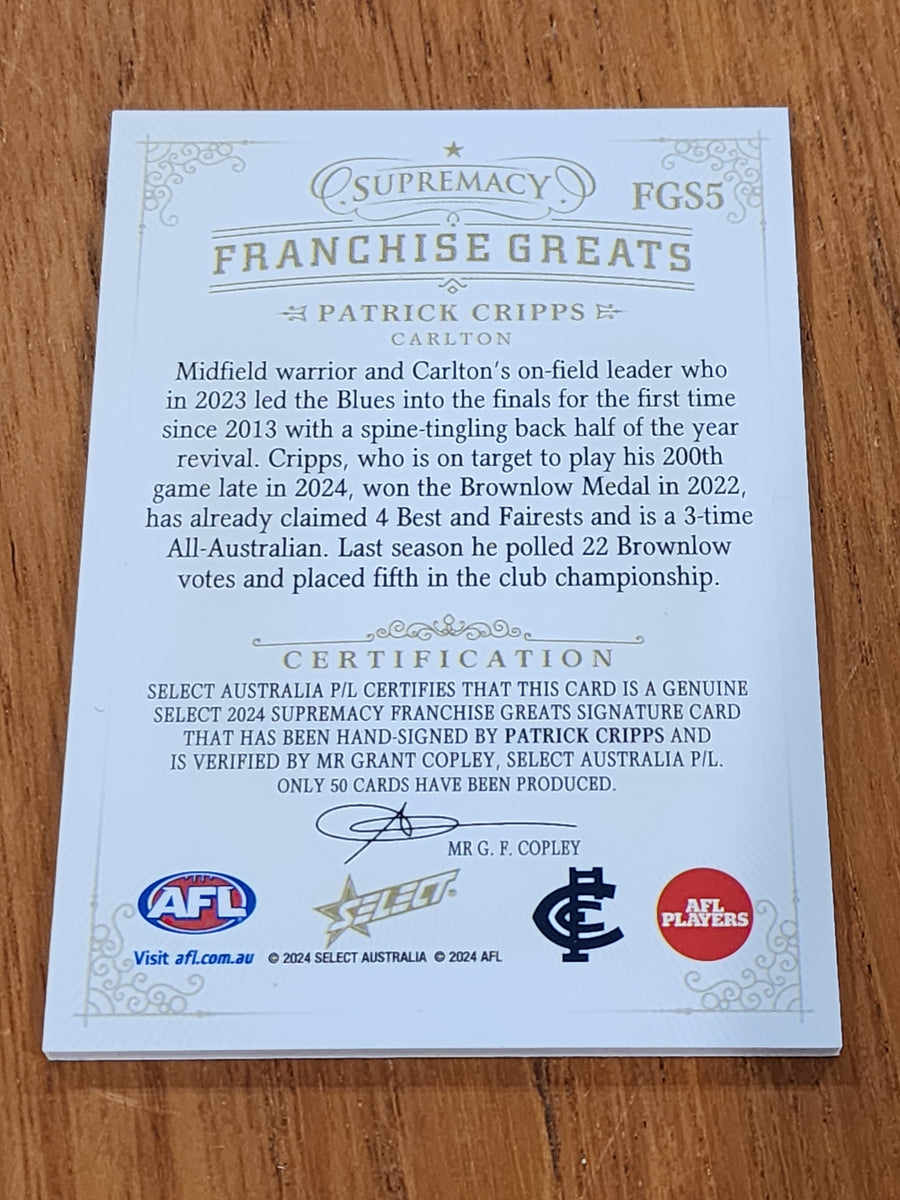 2024 AFL Select Supremacy Franchise Greats Patrick Cripps Carlton Sign ...