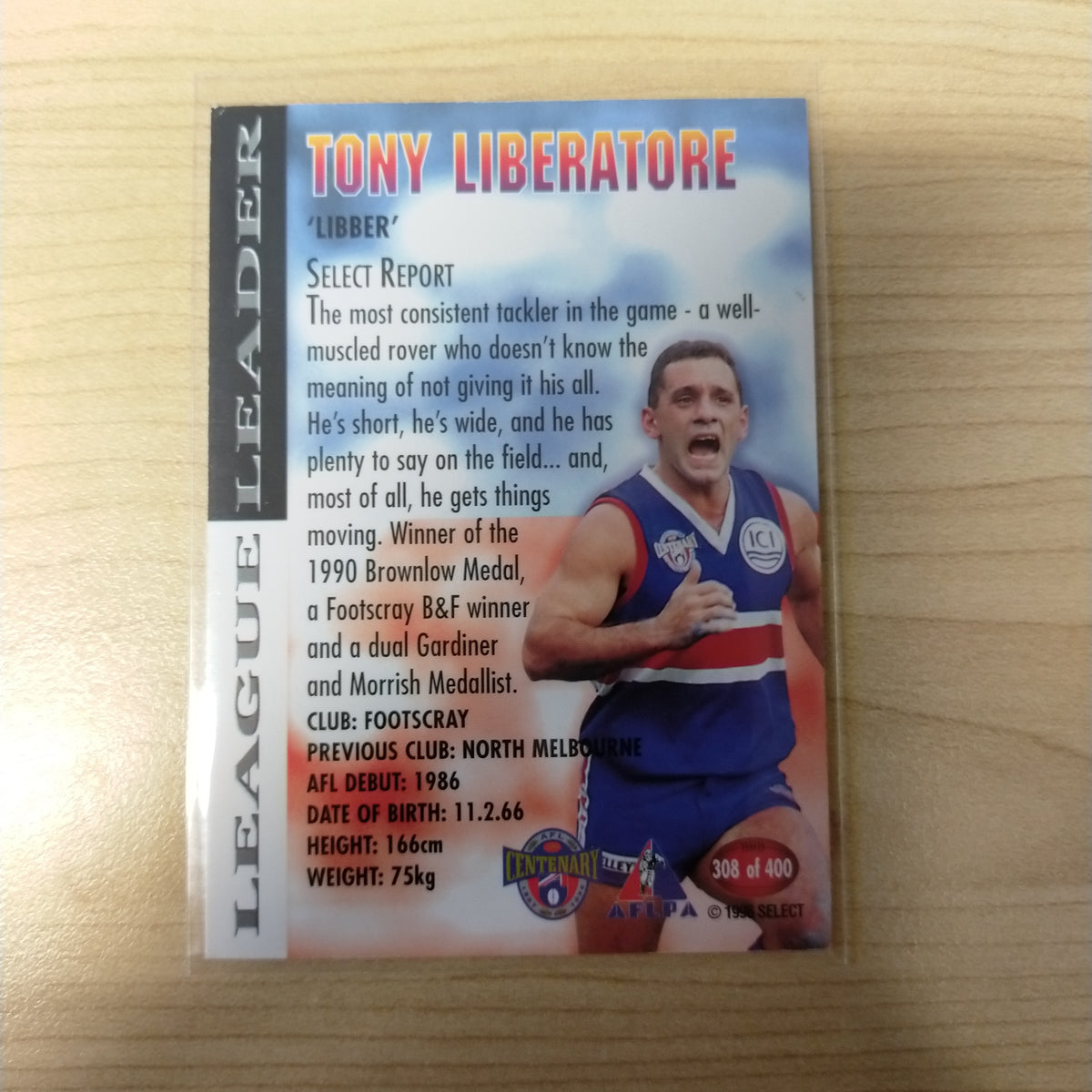 1996 Select AFL Centenary AFLPA League Leader Tony Liberatore Western ...