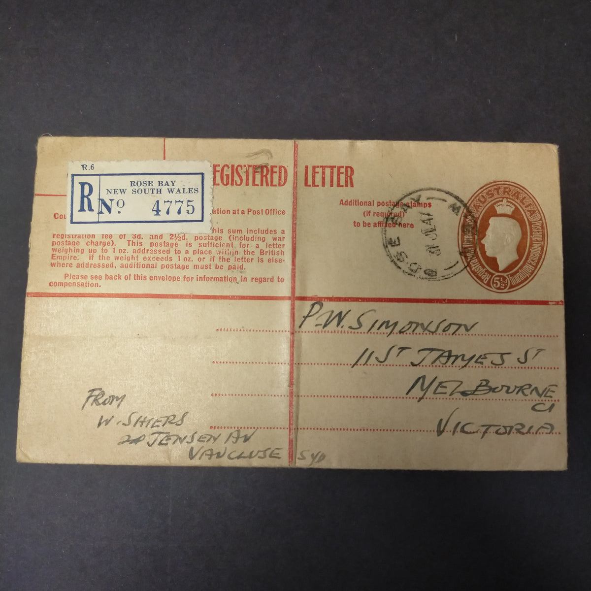 Australia 1947 Registered Envelope 5½d KGVI Oval Embossed Stamp From R ...