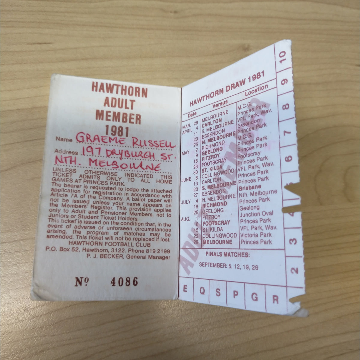 VFL 1981 Hawthorn Football Club Membership Season Ticket – Shields ...