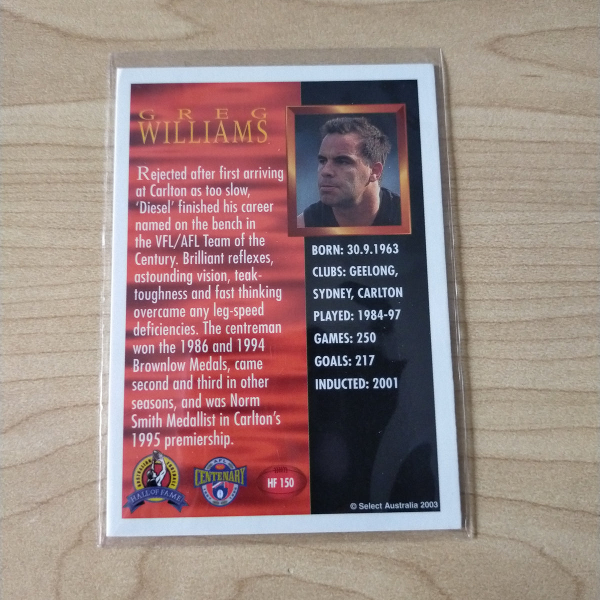 Select Hall of Fame Greg Williams Carlton Hand Signed Card – Shields ...