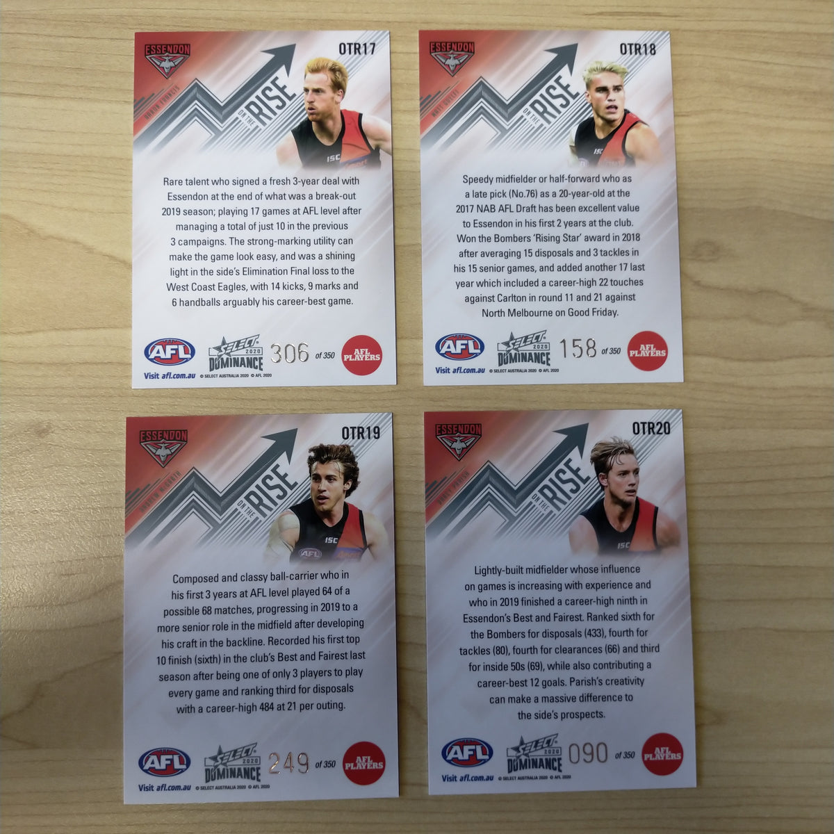 2020 AFL Select Dominance On The Rise Essendon Team Set of 4 Cards ...