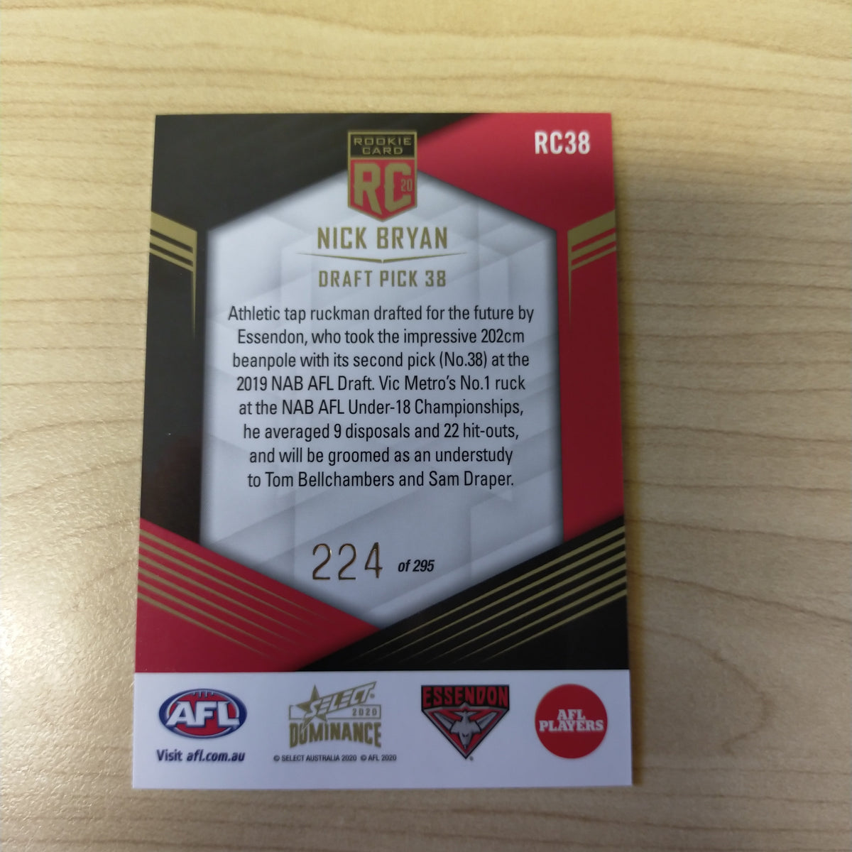 2020 AFL Select Dominance Nick Bryan Essendon Rookie Card RC38 No. 224 ...