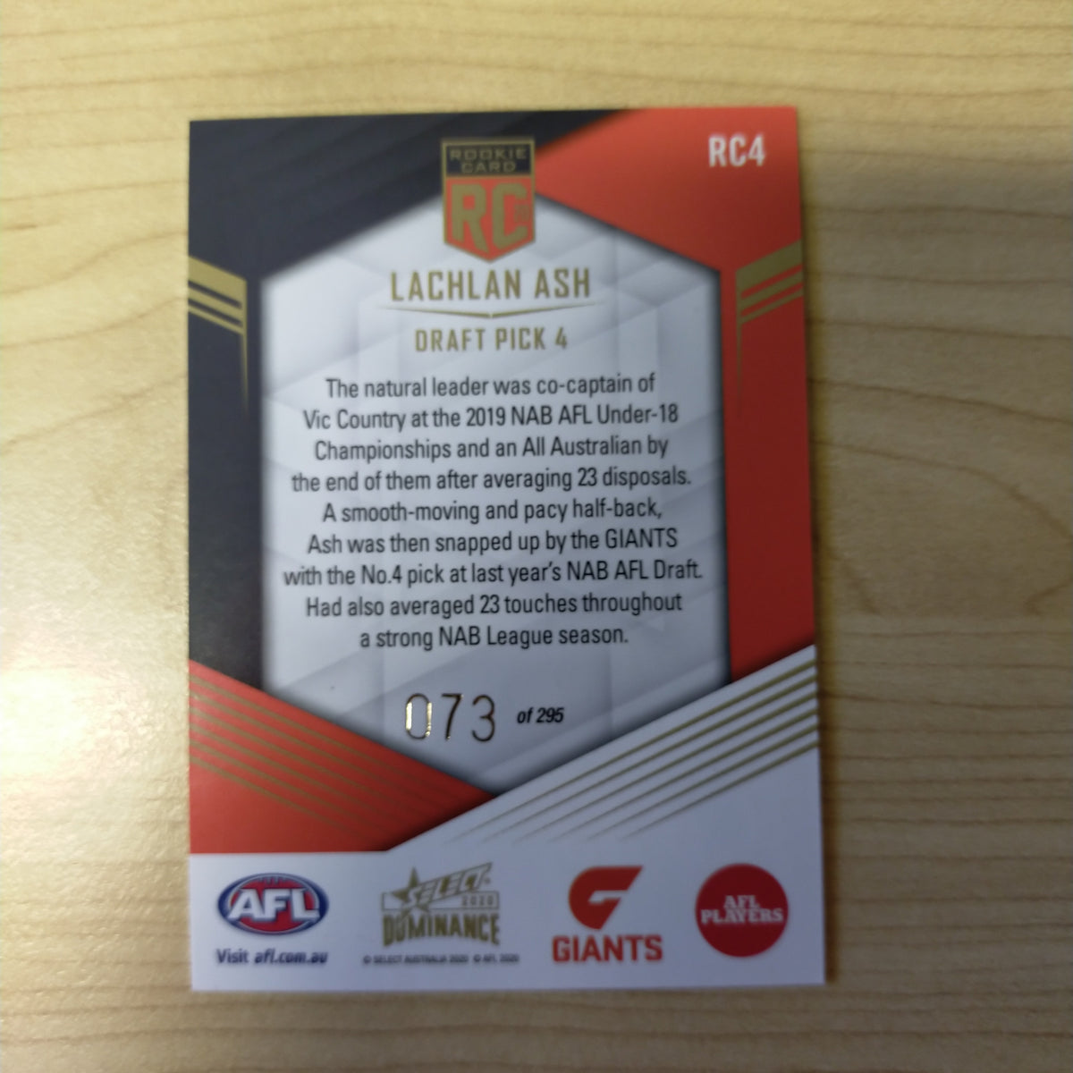 2020 AFL Select Dominance Lachlan Ash GWS Rookie Card RC4 No. 073/295 ...