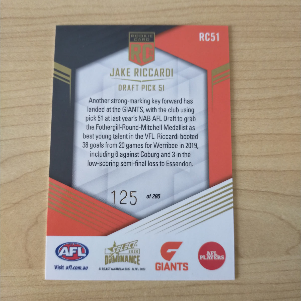 2020 AFL Select Dominance Jake Riccardi GWS Rookie Card RC51 No. 125/2 ...