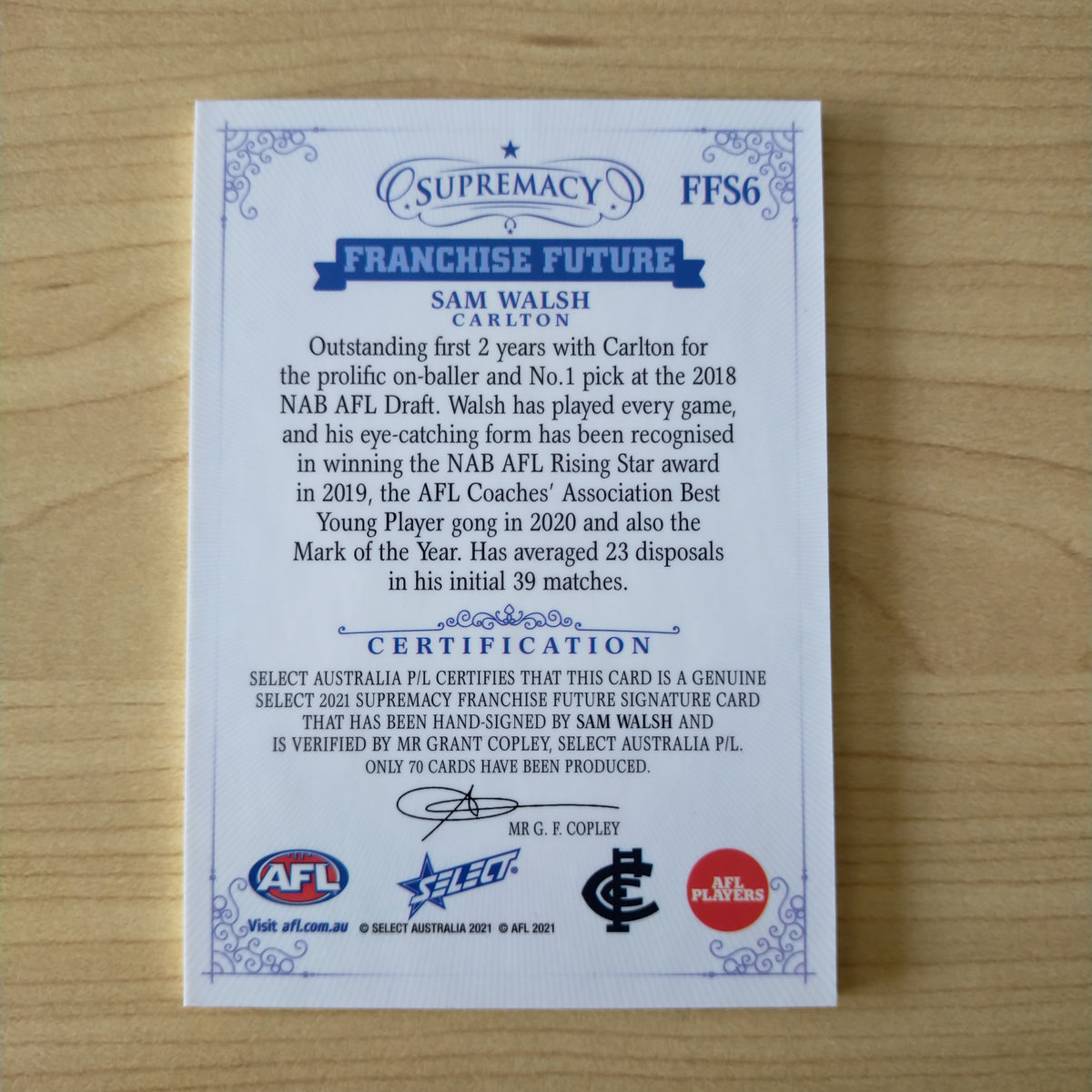 2021 AFL Select Supremacy Franchise Future Signature Sam Walsh Carlton ...