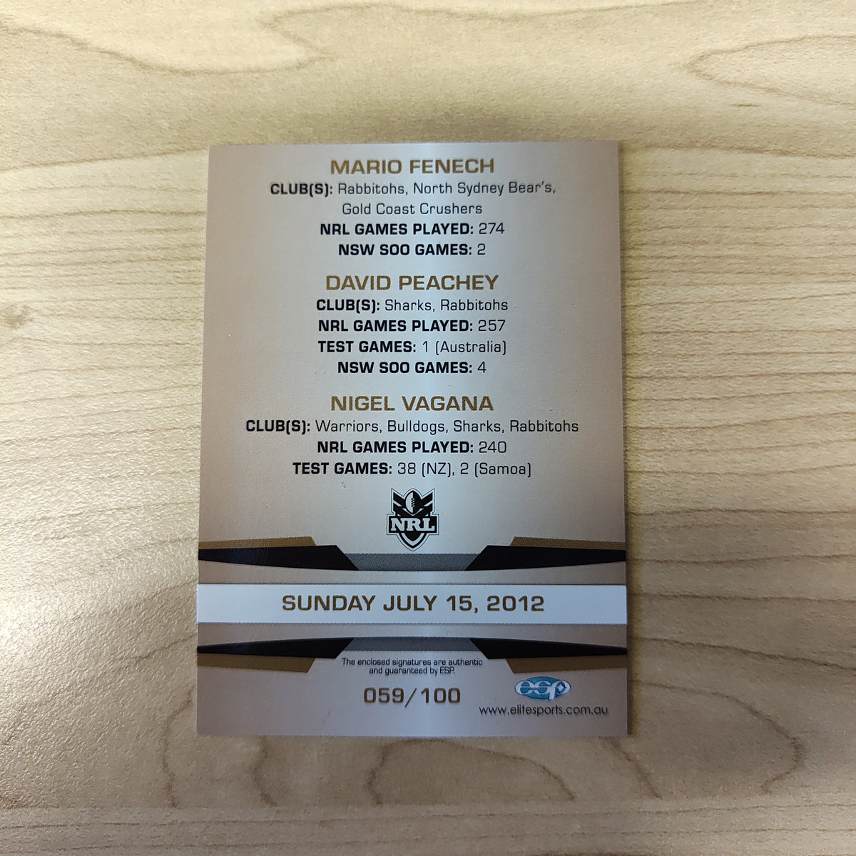 2012 NRL Limited Edition Signature Legends Series Mario Fenech David P ...