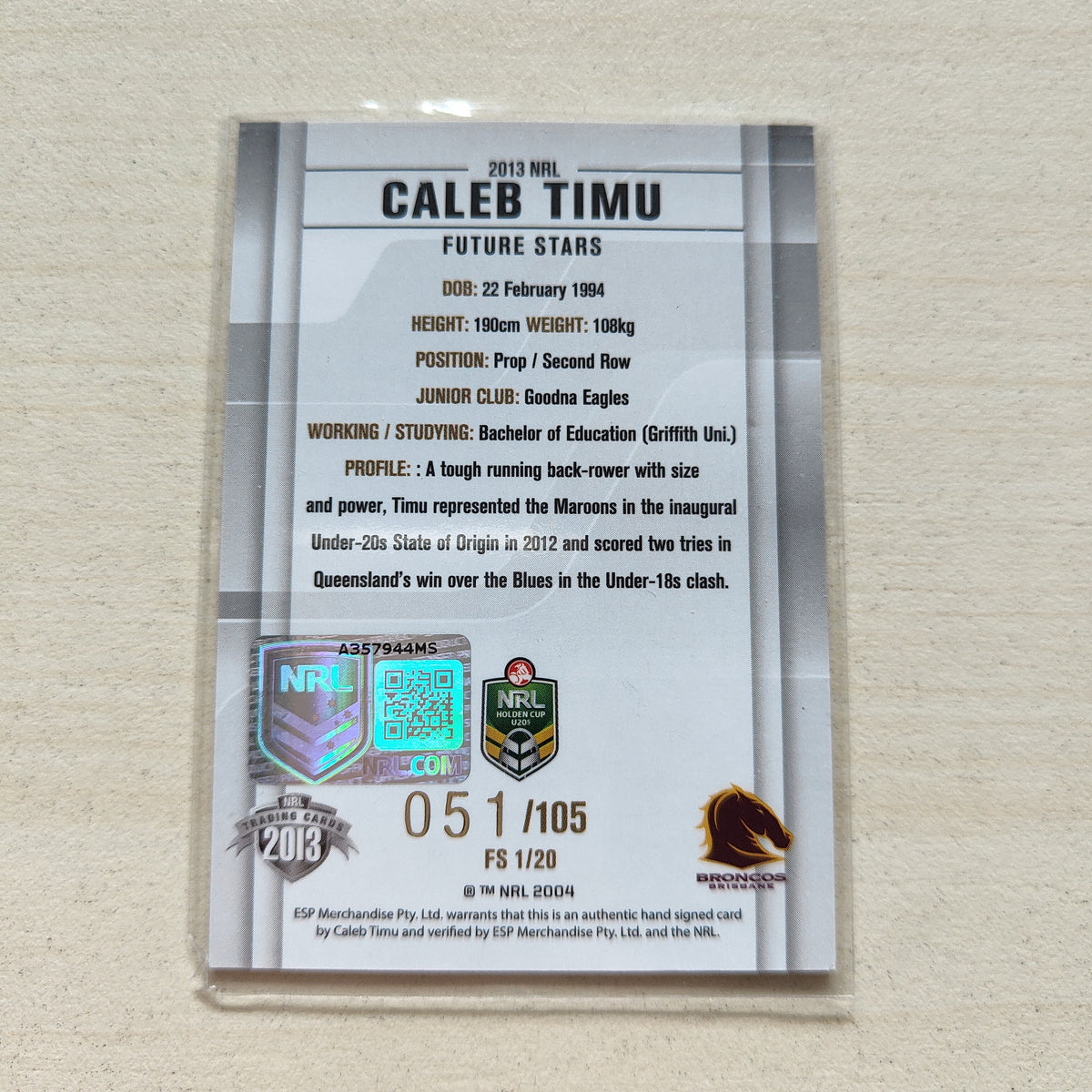 2013 NRL Elite Future Stars Signature Card Caleb Timu Broncos – Shields ...