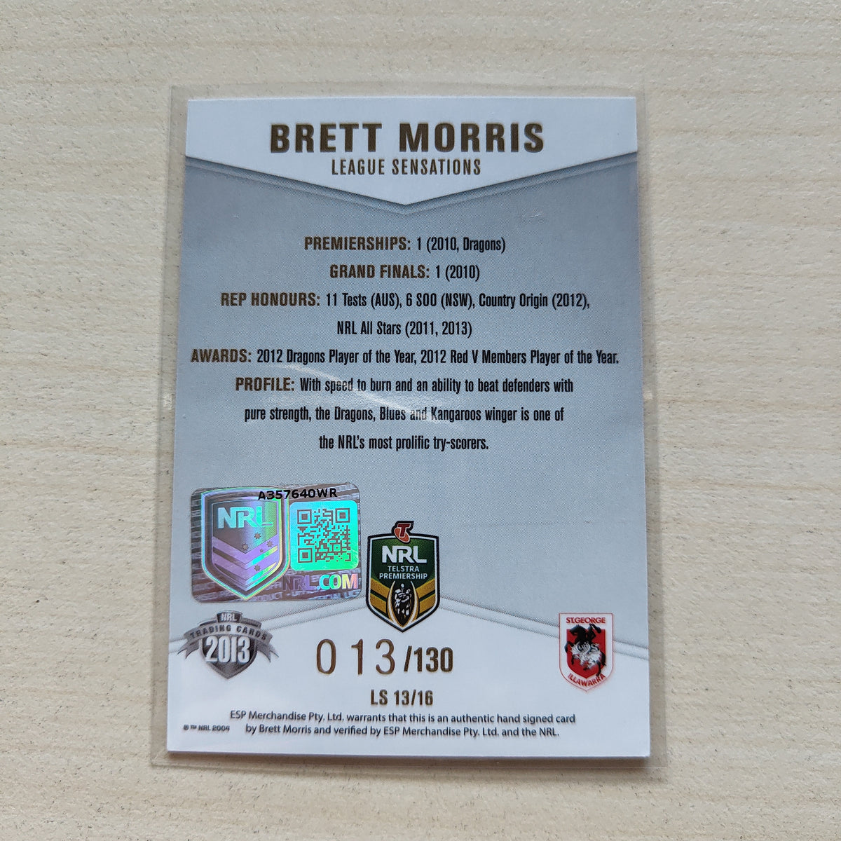 2013 NRL Elite League Sensations Signature Card Brett Morris Illawarra ...