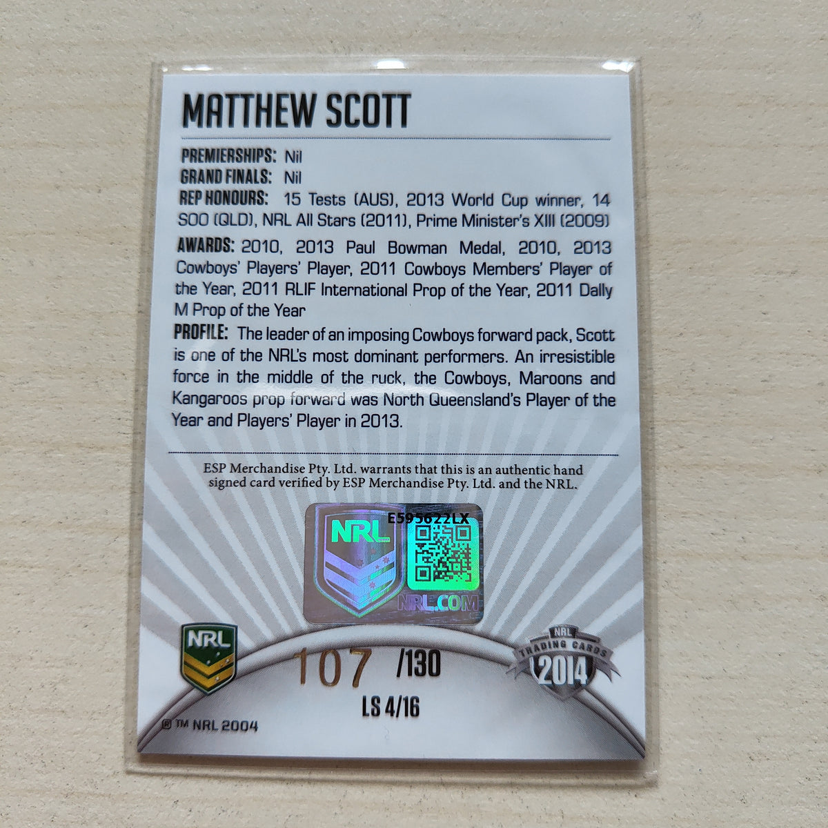 2014 NRL Elite League Sensations Signature Card Matthew Scott Cowboys ...