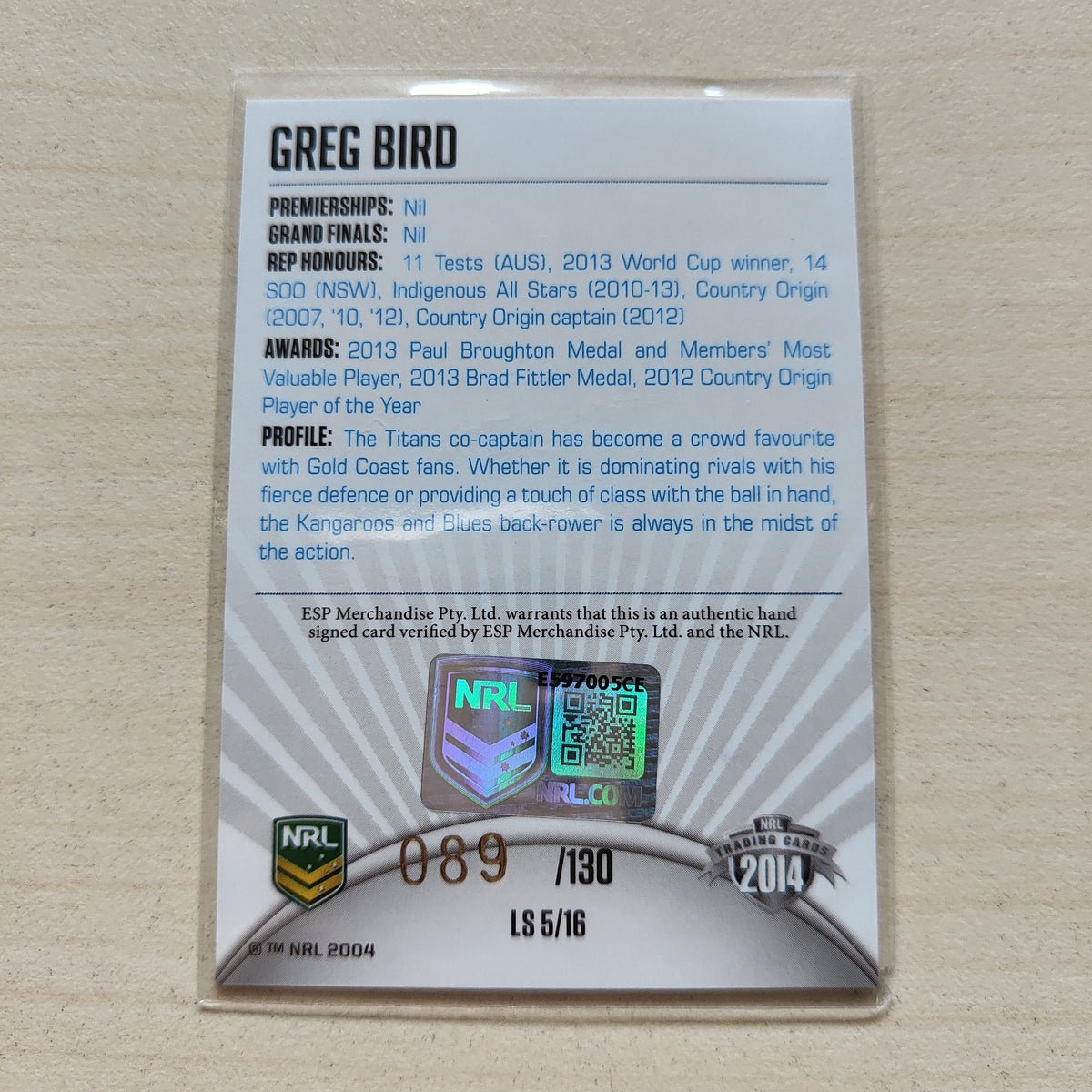 2014 NRL Elite League Sensations Signature Card Greg Bird Titans ...