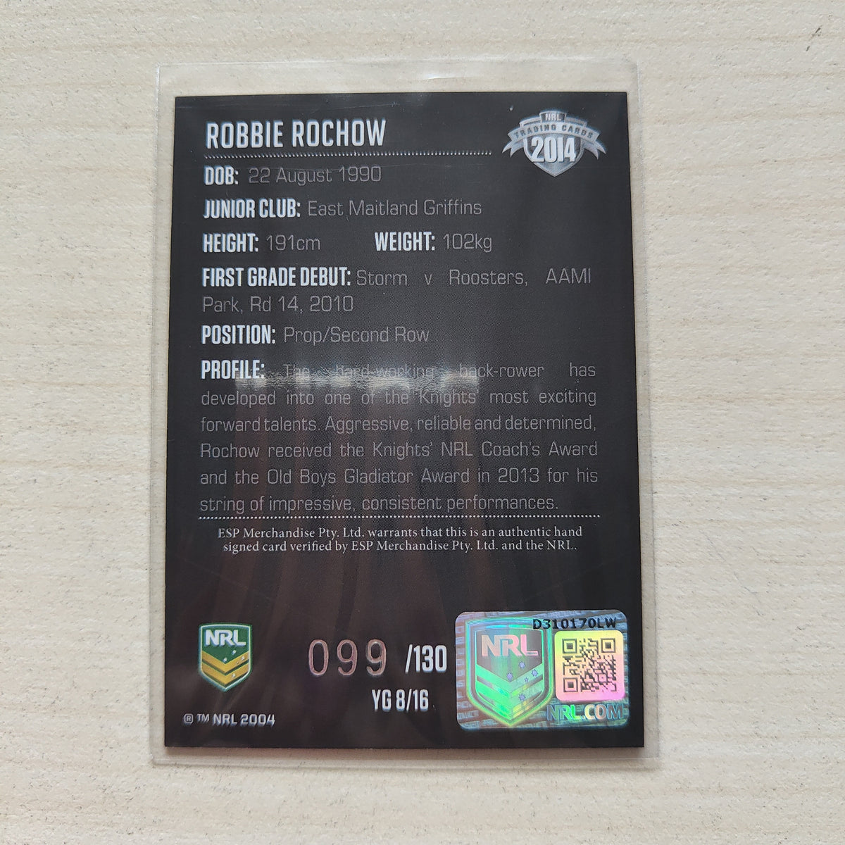 2014 NRL Elite Young Guns Signature Card Robbie Rochow Knights ...