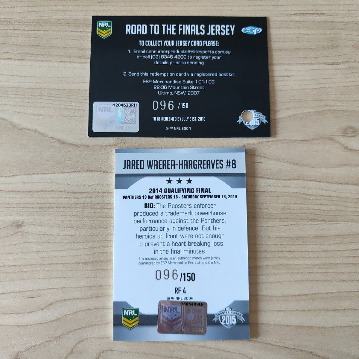 2015 NRL Elite Road To The Finals Redemption Jersey Card Jared Waerea ...