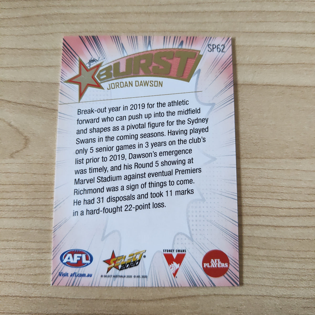 2020 Select Footy Stars Explosion Star Burst Jordan Dawson Sydney ...