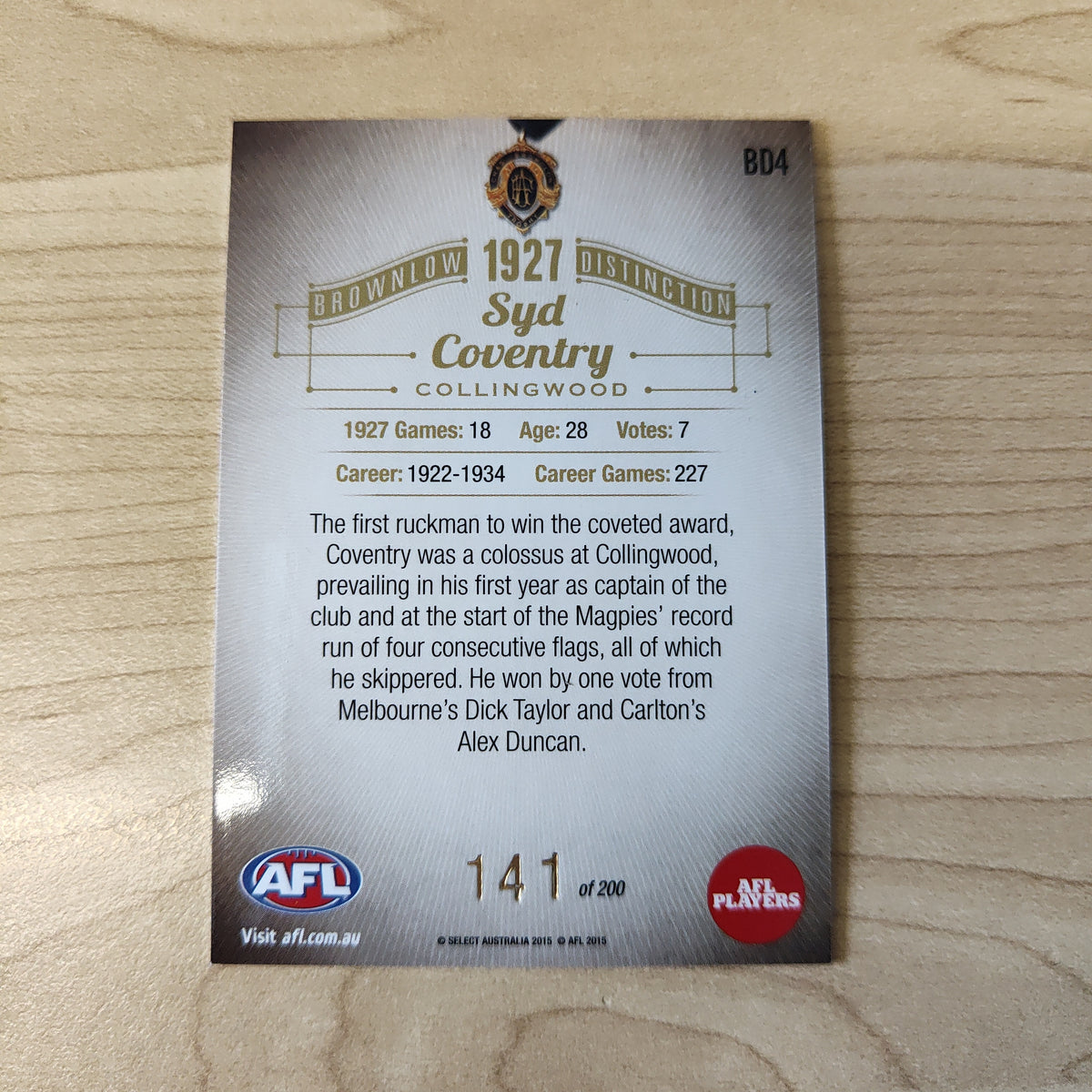 2015 Select Honours 2 Brownlow Distinction 1927 Syd Coventry Collingwo ...