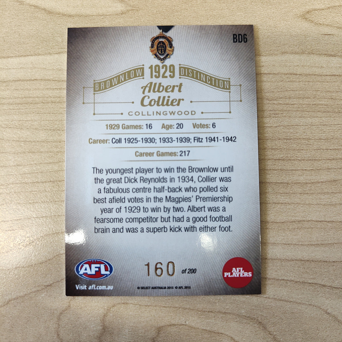 2015 Select Honours 2 Brownlow Distinction 1929 Albert Collier Colling ...