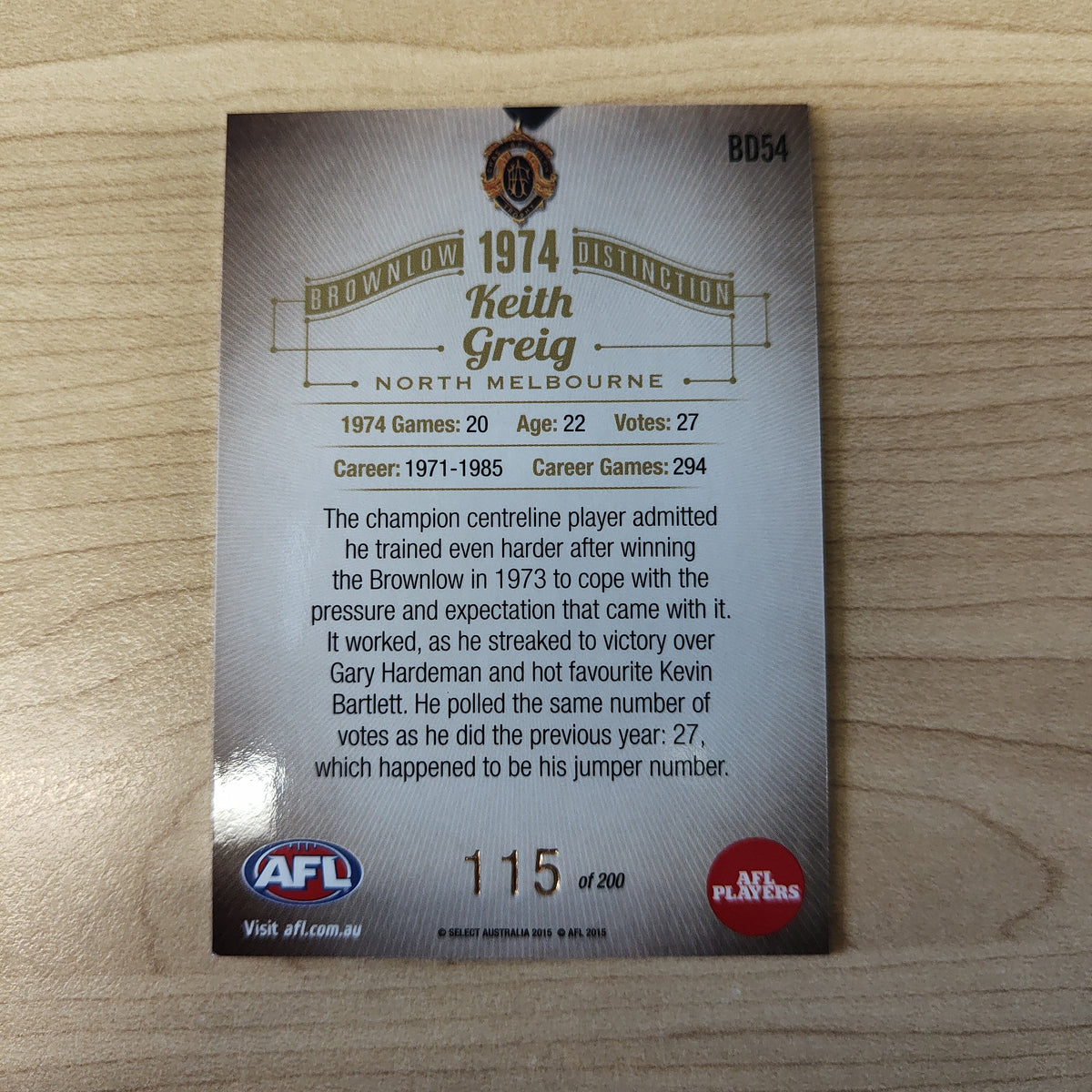 2015 Select Honours 2 Brownlow Distinction 1974 Keith Greig North Melb ...
