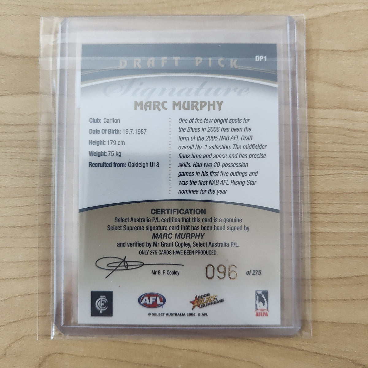 2006 Select Supreme Draft Pick Signature Marc Murphy Carlton 96/275 ...