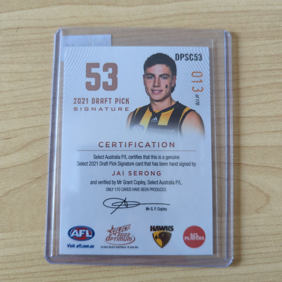 2022 AFL Select Optimum Copper Draft Pick Signature Jai Serong Hawthor ...